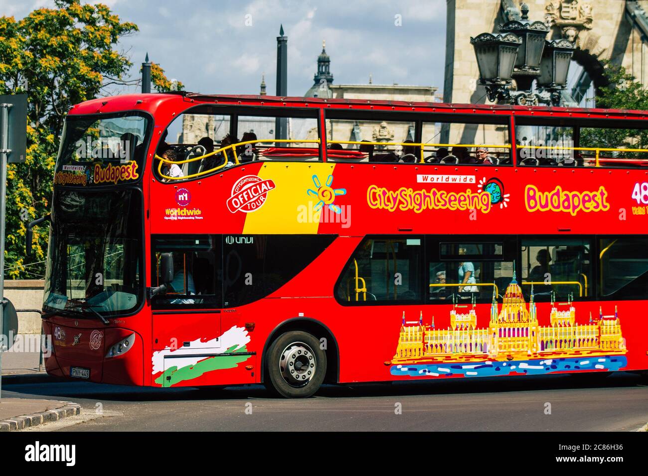 Budapest Hungary july 20, 2020 View of a Hungarian tourist bus driving ...