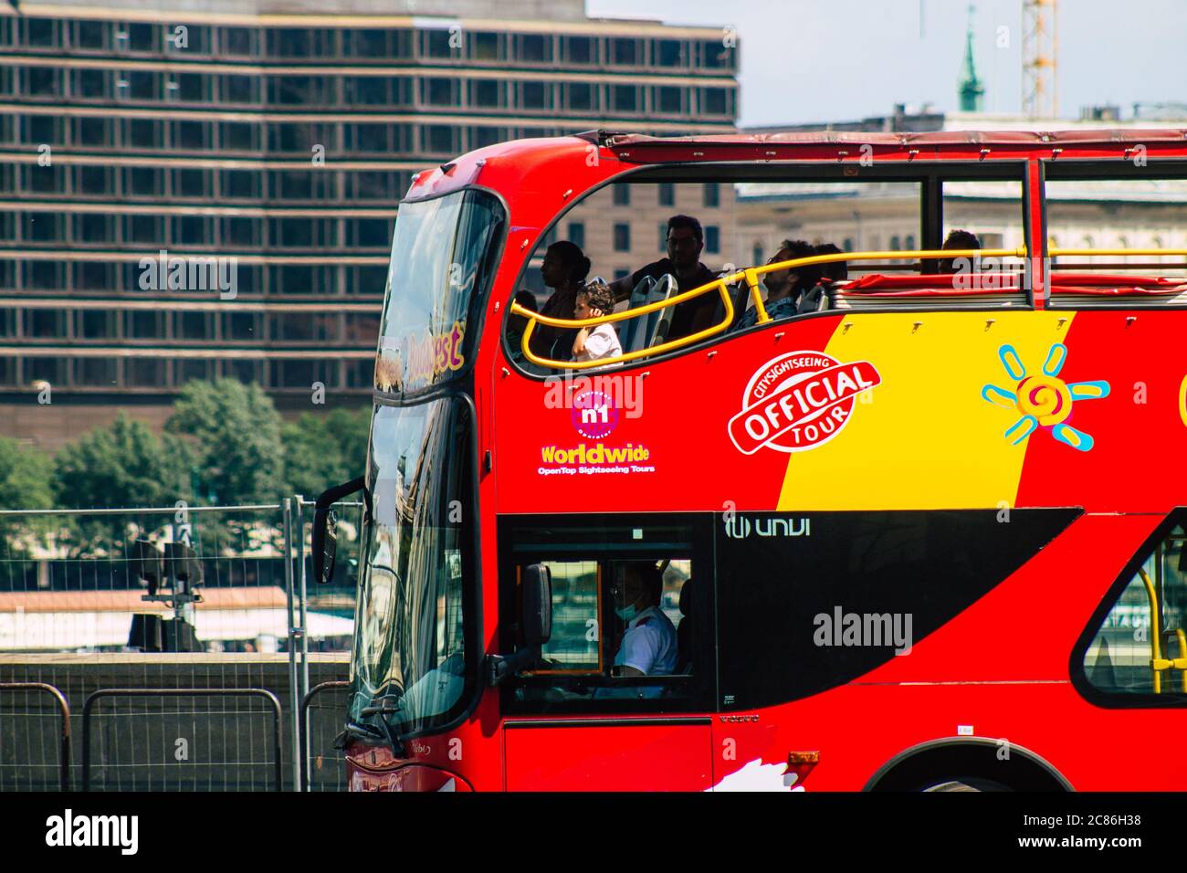 Budapest Hungary july 20, 2020 View of a Hungarian tourist bus driving ...