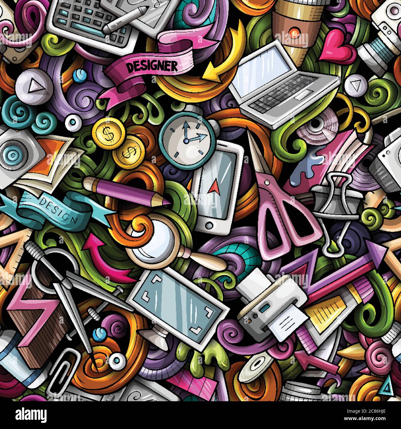 Cartoon cute doodles hand drawn Designer seamless pattern Stock Vector ...