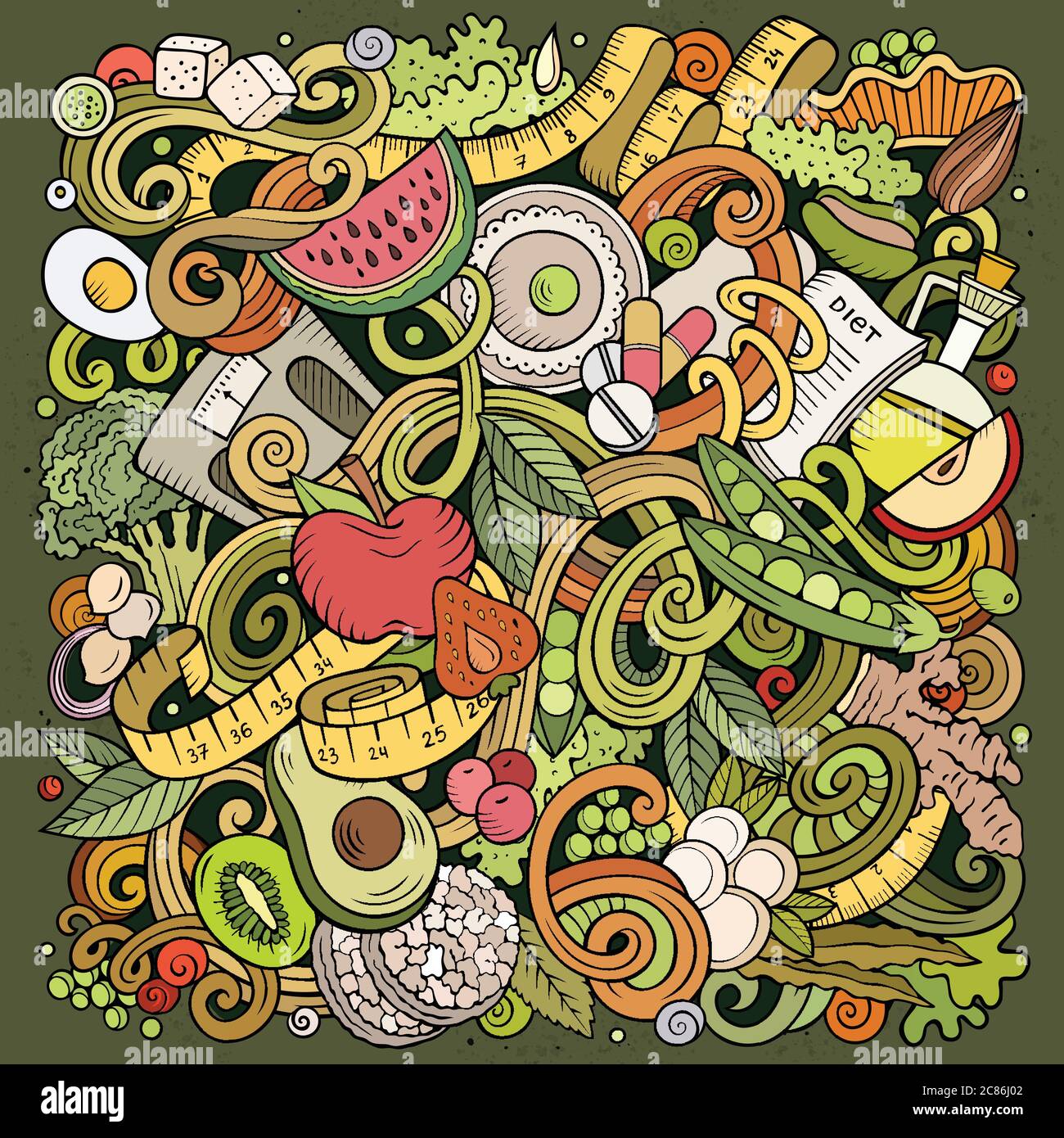 Cartoon vector doodles Diet food illustration. Bright colors dietary ...