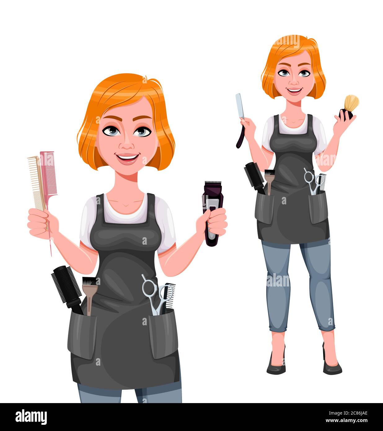 Beautiful redhead girl hairdresser, set of two poses. Cute woman barber ...