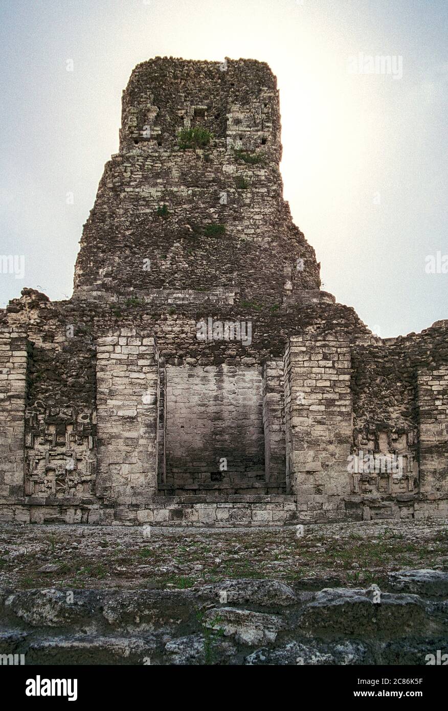 The center tower of Structure 1 with detailed stonework. The bright ...