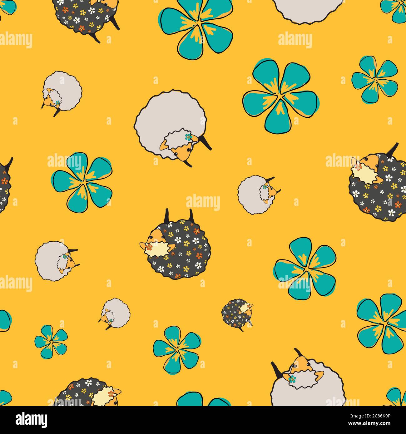 Sheeps and flowers on bright yellow background, dark sheep has flowers ...