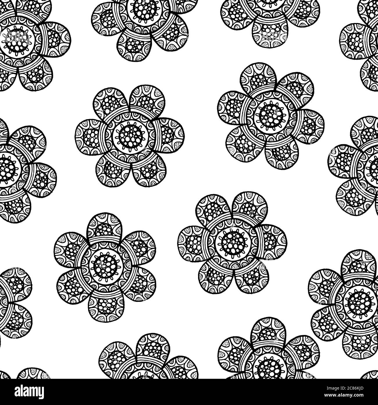 Zentangle flower seamless pattern. Black and white doodle mandala ...