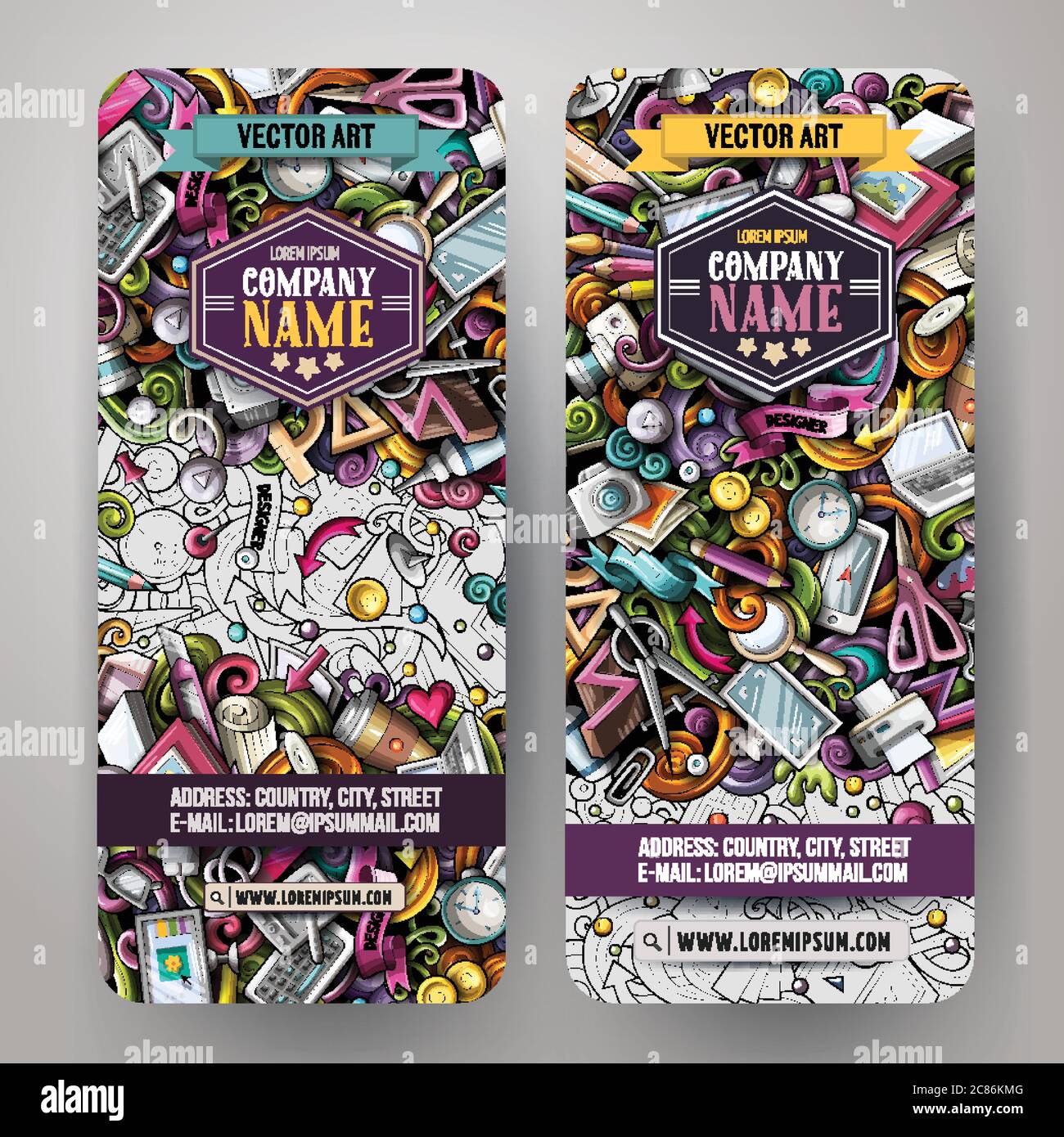 Cartoon cute colorful vector hand drawn doodles Designer banners design ...