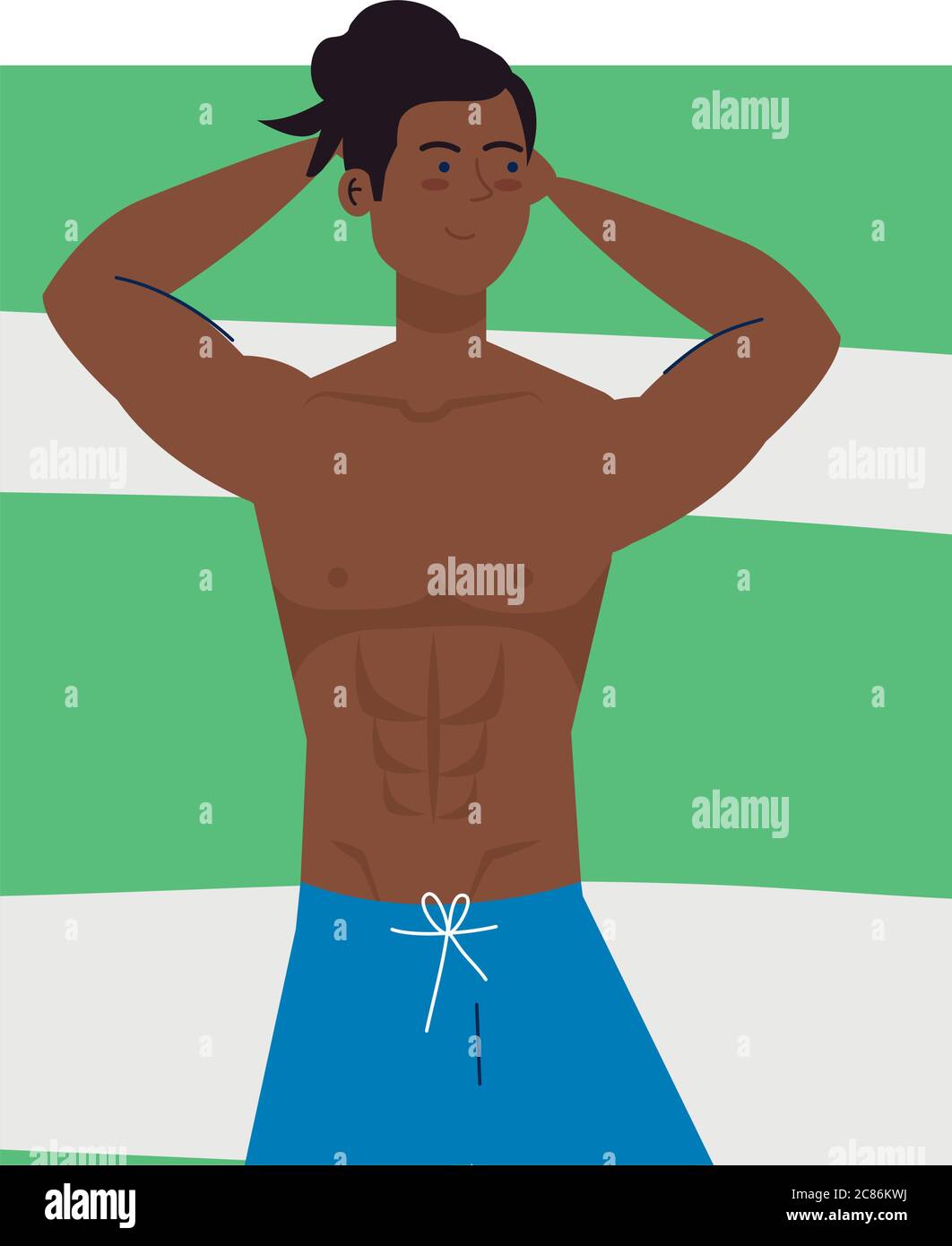 view aerial, man afro in shorts lying down, tanning on towel, summer ...