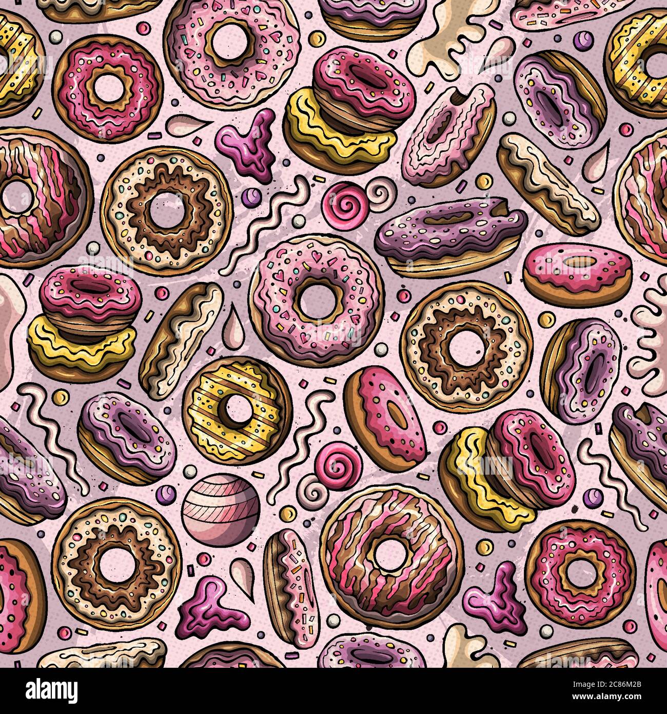 Cartoon hand-drawn donuts seamless pattern. Perfect funny vector ...