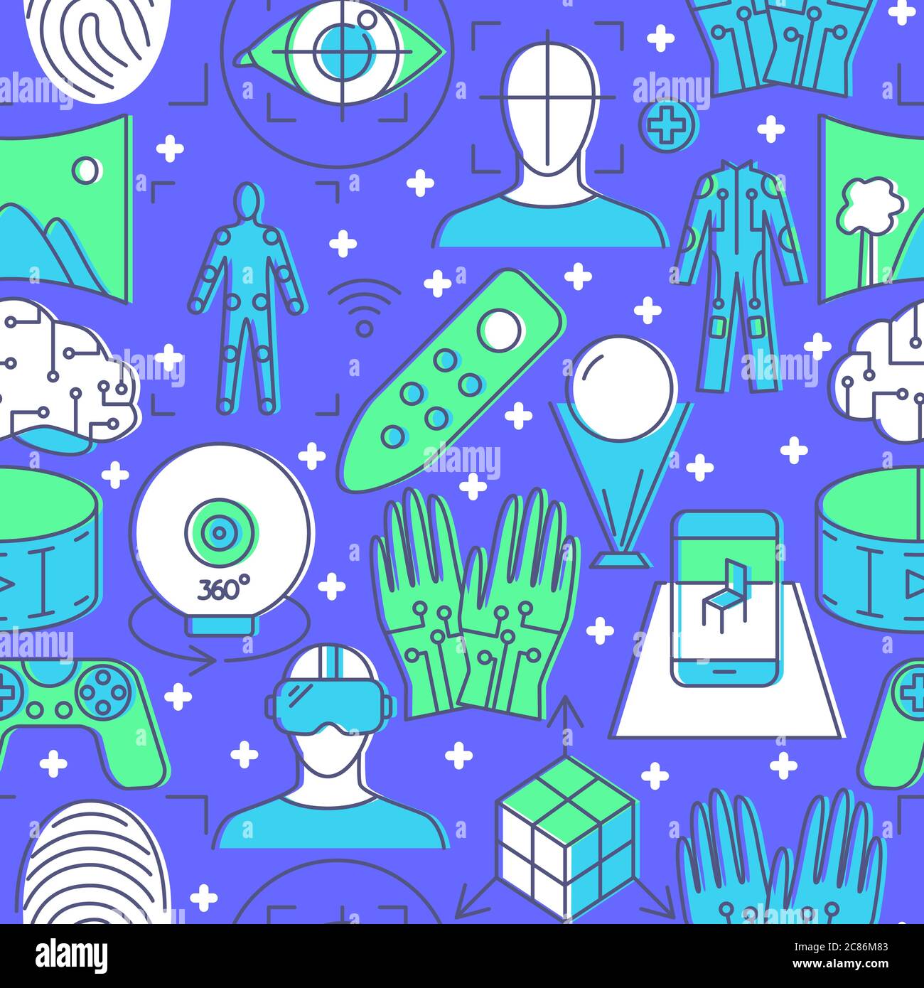 Colored virtual reality seamless pattern in line style. Modern computer ...