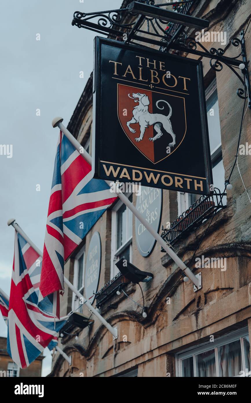 Stow-on-the-Wold, UK - July 6, 2020: Sign outside The Talbot pub in ...