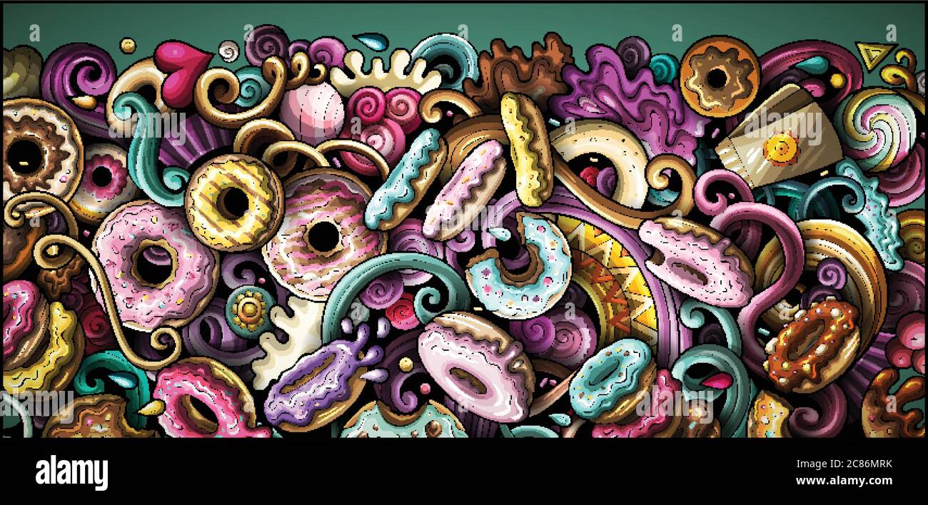 Donuts hand drawn doodle banner. Cartoon detailed illustrations Stock ...
