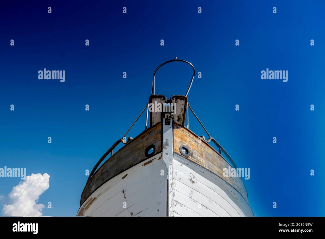 Looking up at the prow of a ship in dry dock Stock Photo - Alamy
