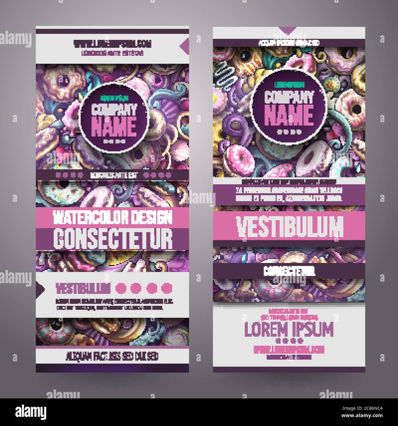 Cartoon cute colorful vector hand drawn doodles Donuts banners design ...