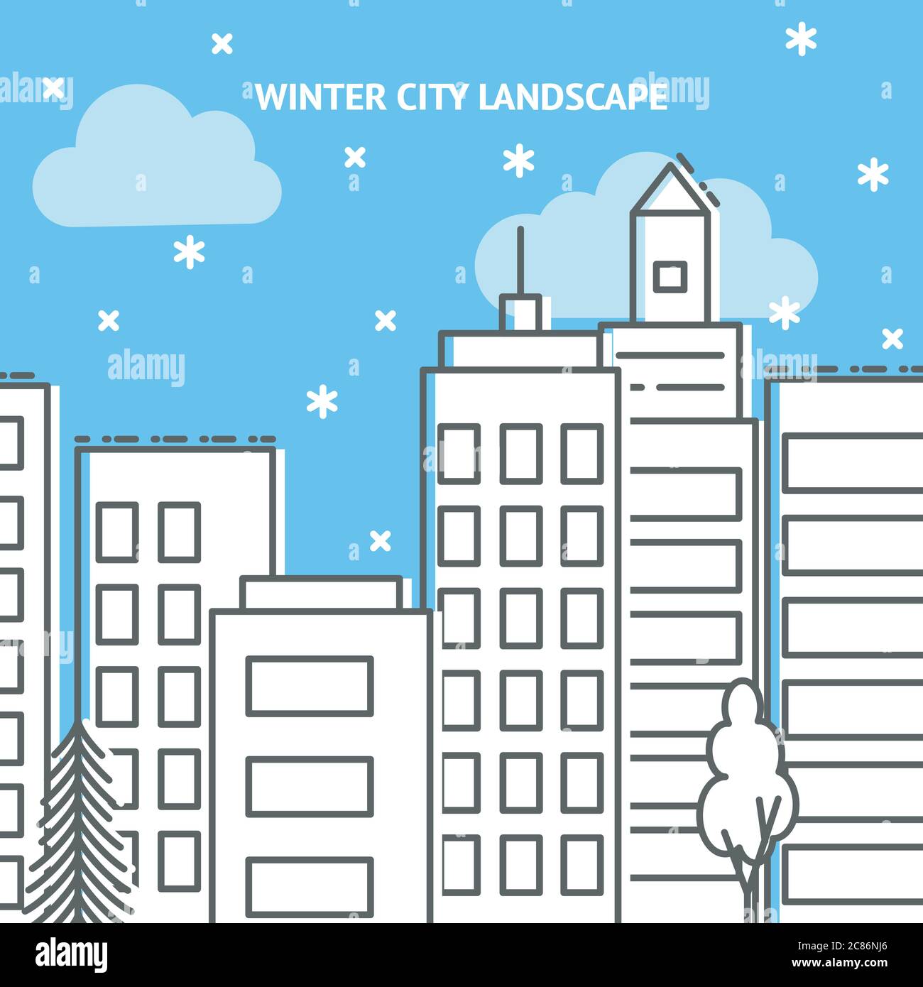Winter city card template in thin line style. Vector illustration with ...