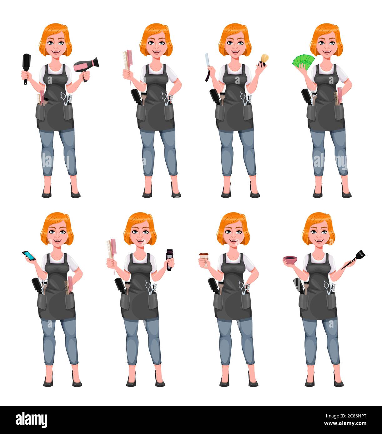 Beautiful redhead girl hairdresser, set of eight poses. Cute woman ...
