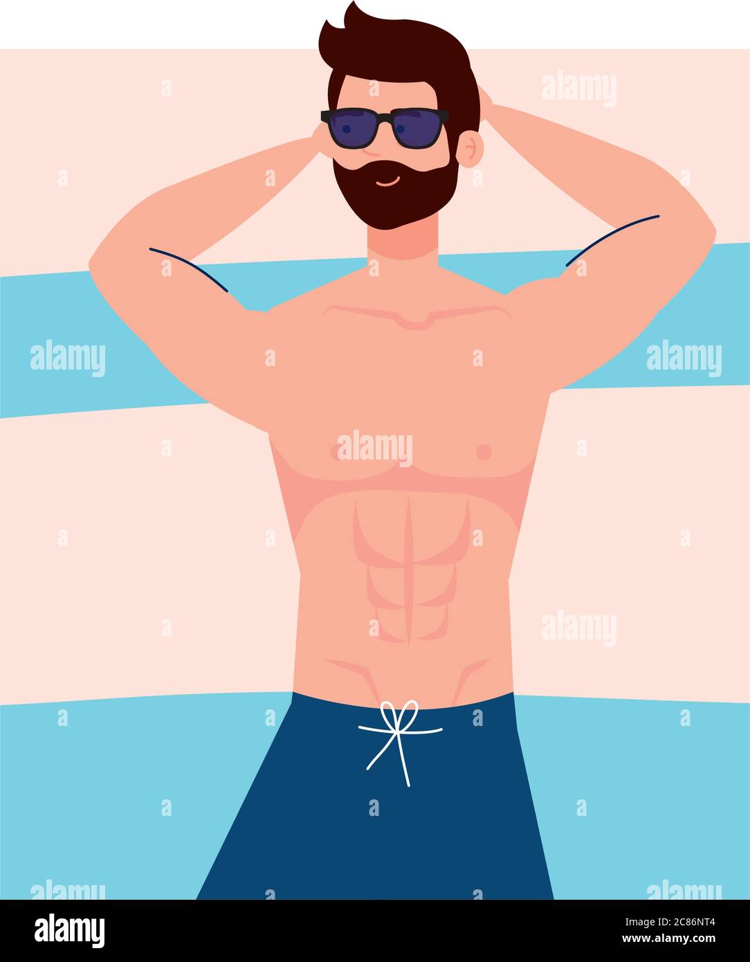 view aerial, man in shorts lying down, tanning on towel, summer ...