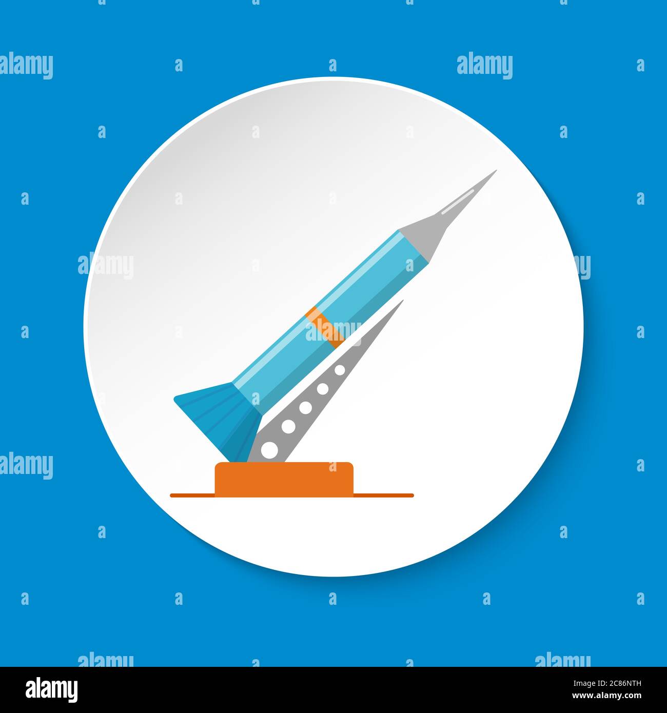 Rocket and launch pad icon in flat style on round button. Spaceship ...