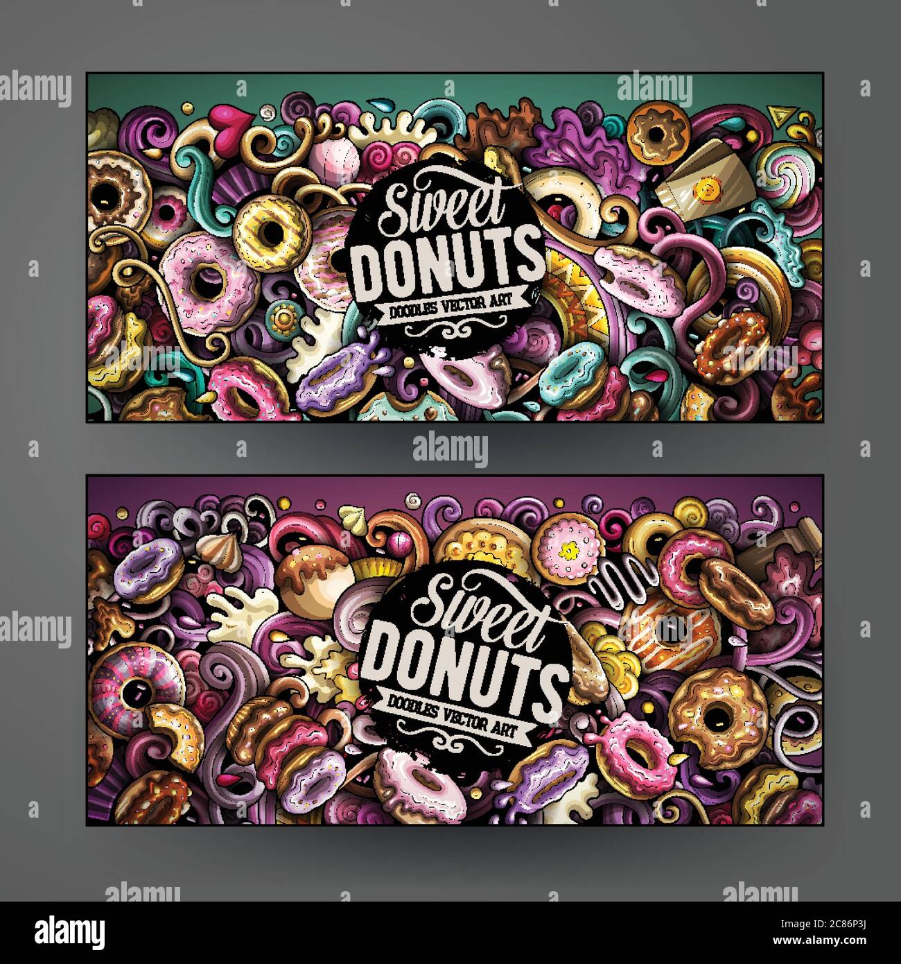 Cartoon cute colorful vector hand drawn doodles Donuts banners design ...