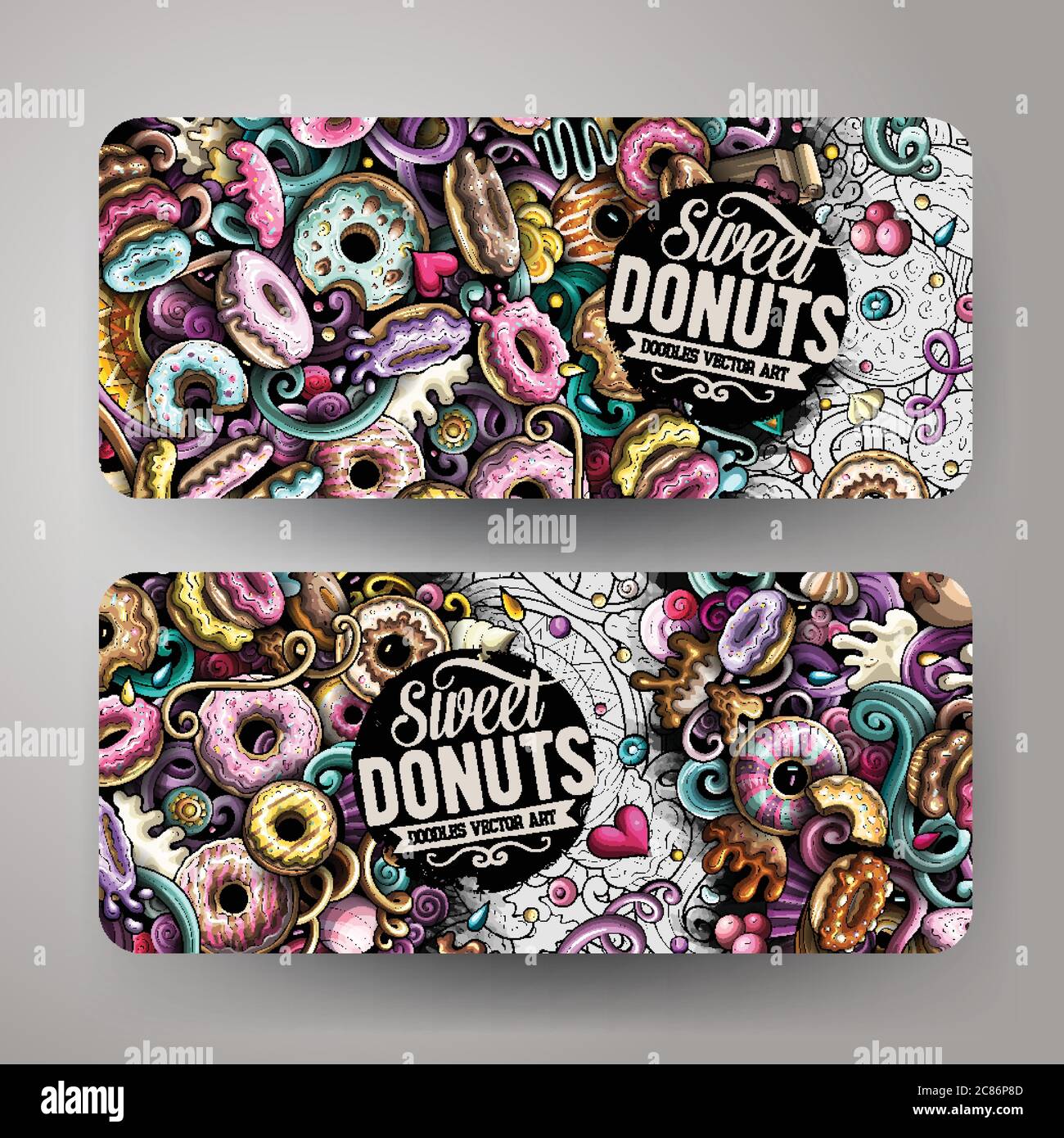 Cartoon cute colorful vector hand drawn doodles Donuts banners design ...