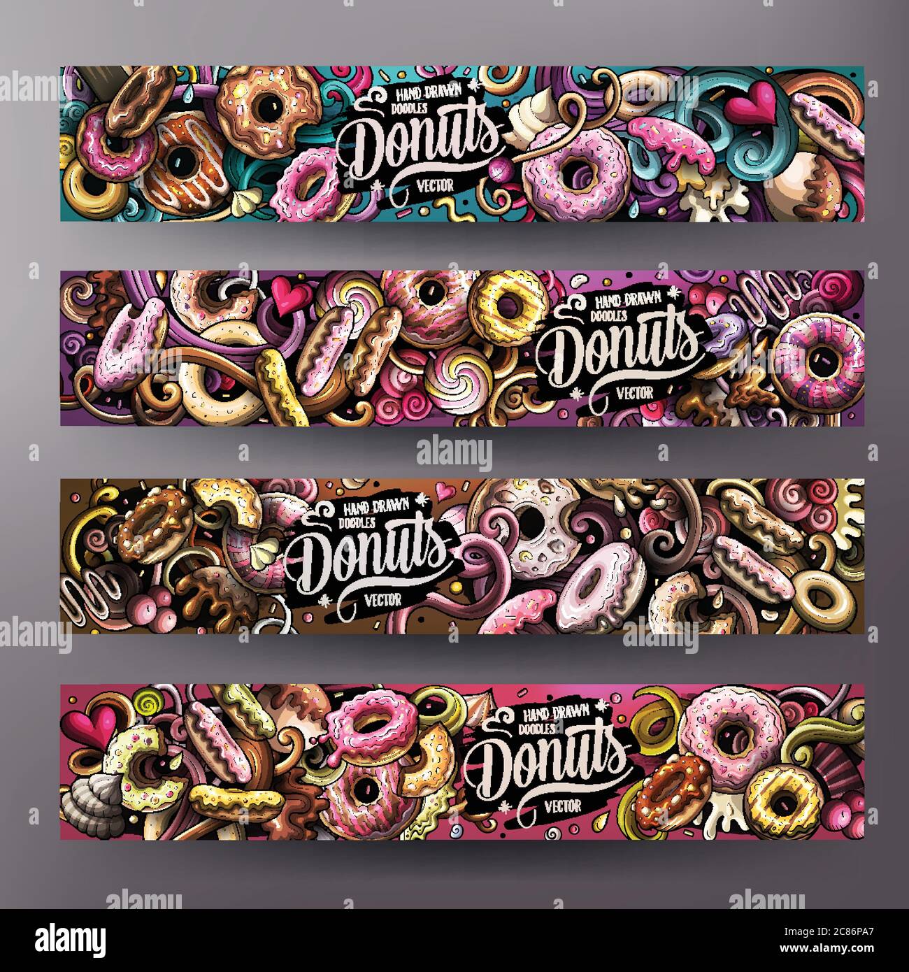 Cartoon cute colorful vector hand drawn doodles Donuts banners design ...