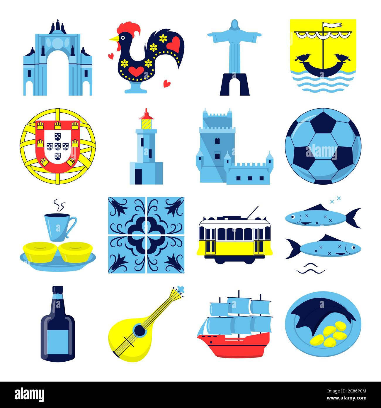 Portugal icons set in flat style. Traditional symbols including guitar ...