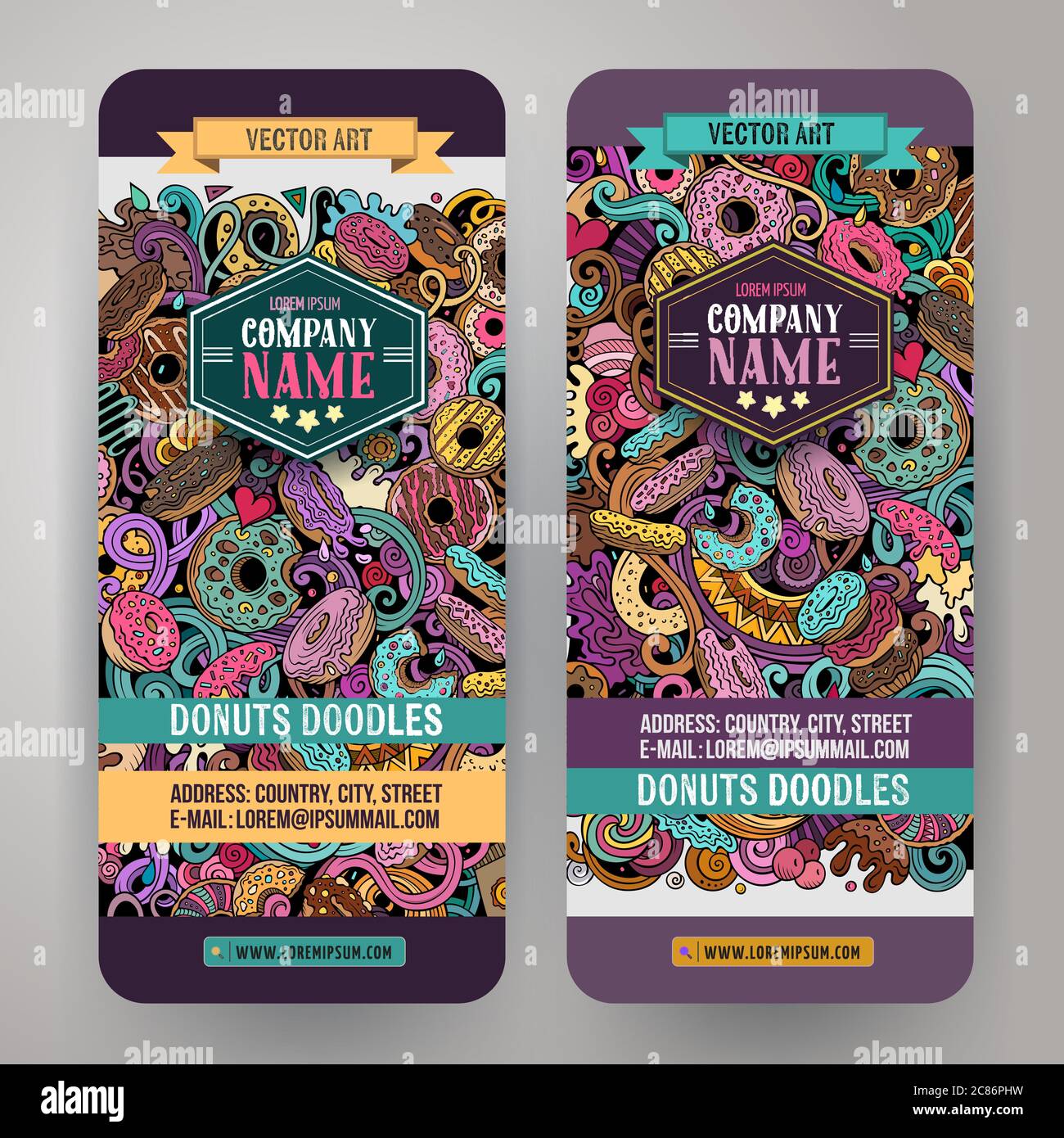 Cartoon cute colorful vector hand drawn doodles Donuts banners design ...