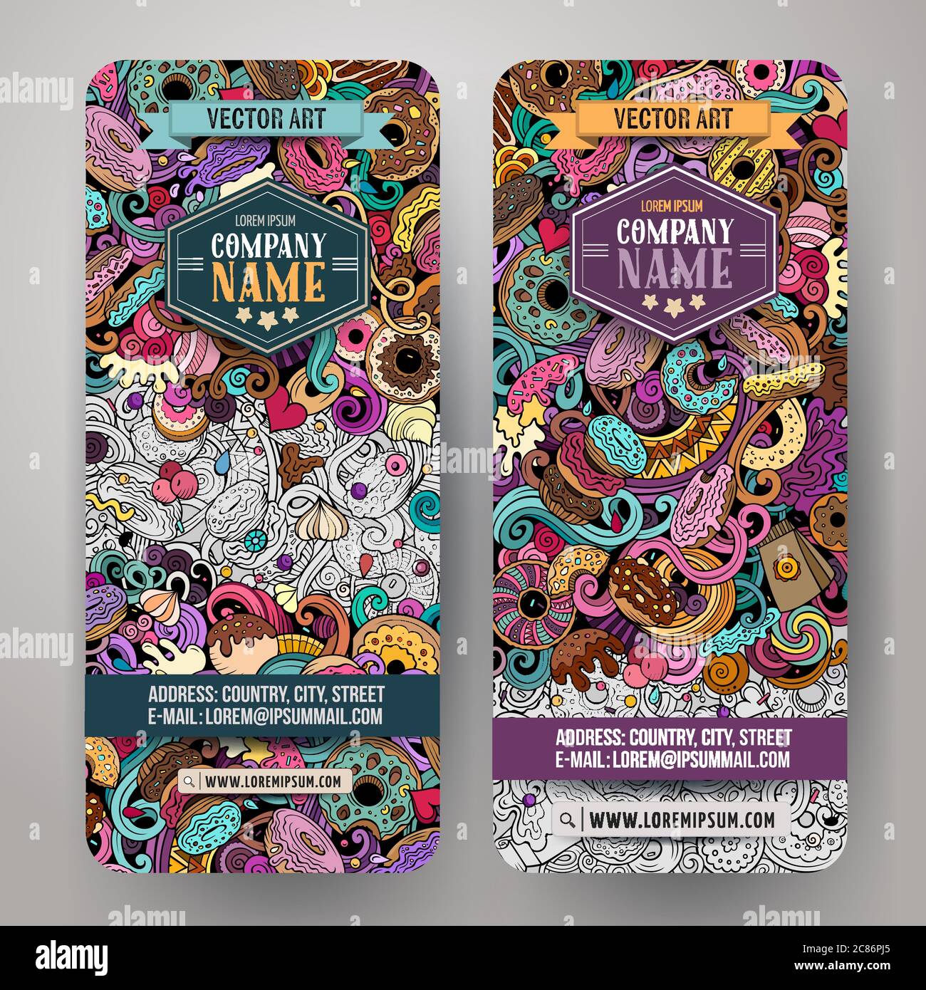Cartoon cute colorful vector hand drawn doodles Donuts banners Stock ...
