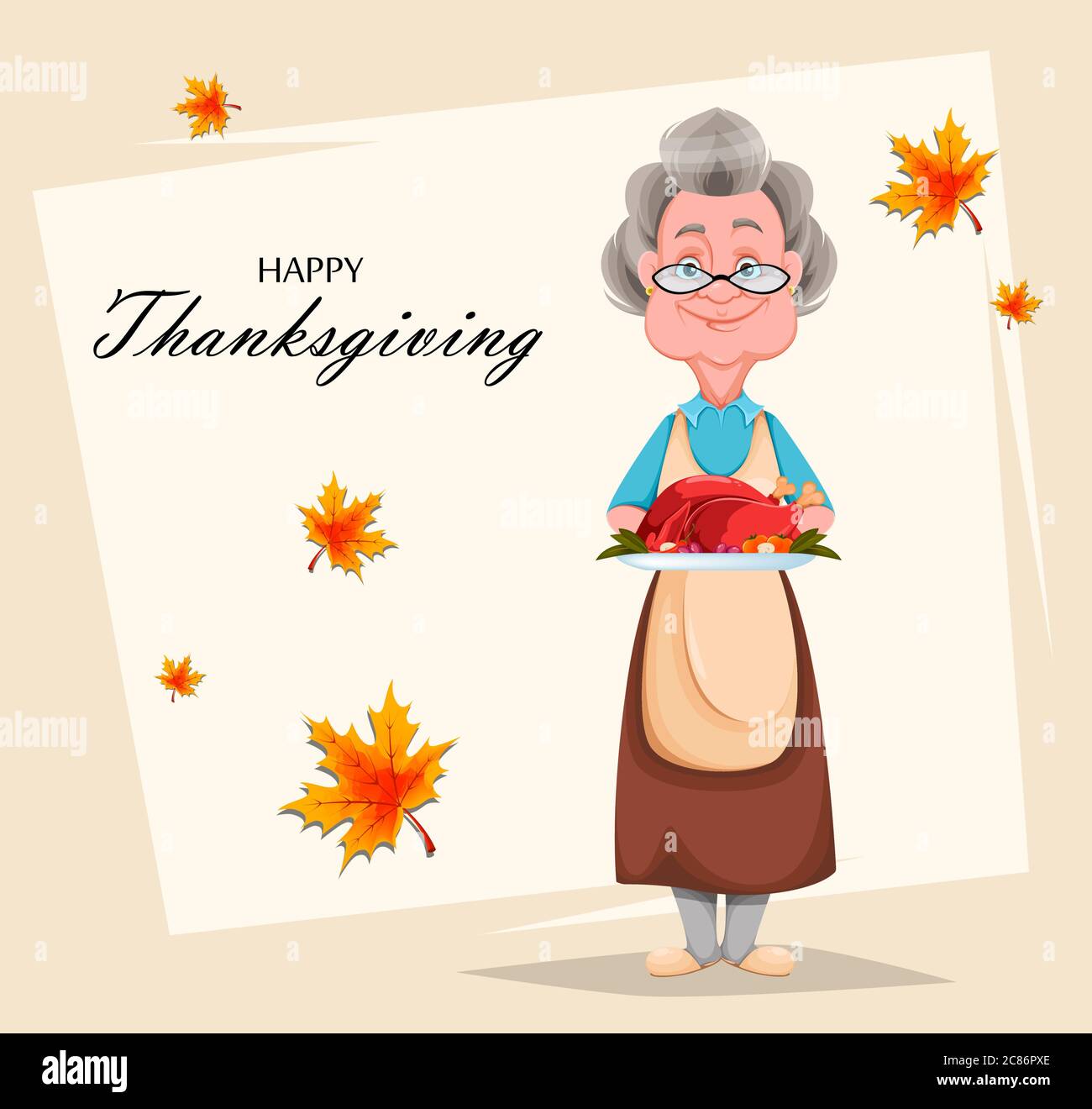 Happy Thanksgiving Day greeting card. Cute smiling old woman. Cheerful ...