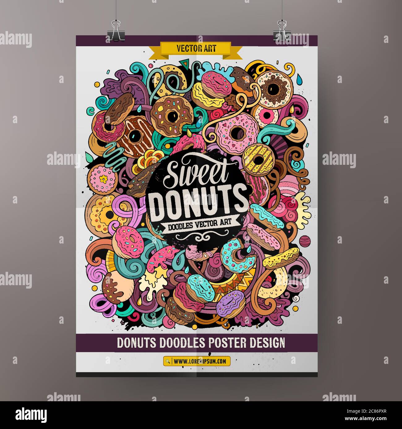 Donuts doodles poster design. Confectionery sign board template Stock ...