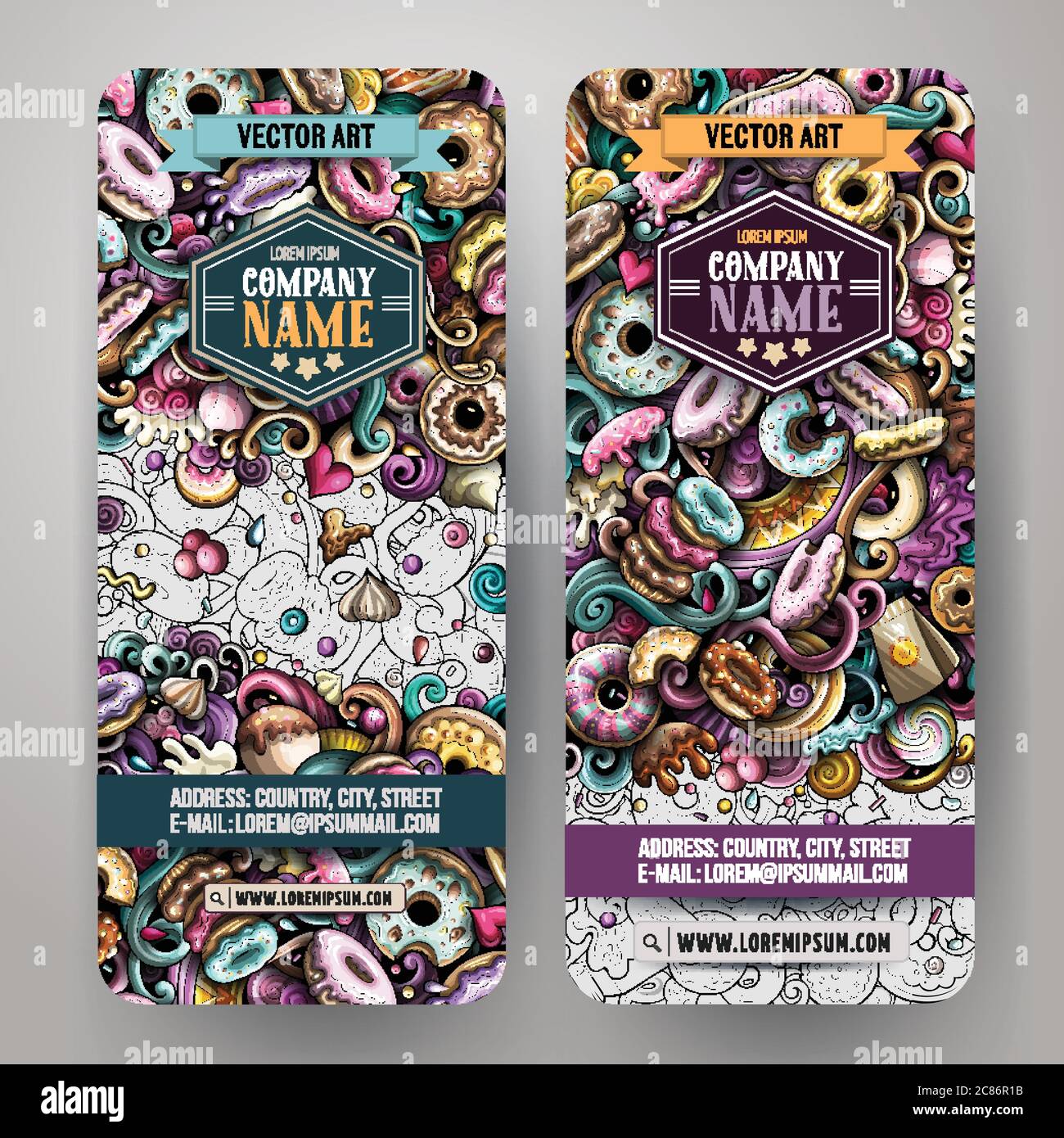 Cartoon cute colorful vector hand drawn doodles Donuts banners design ...