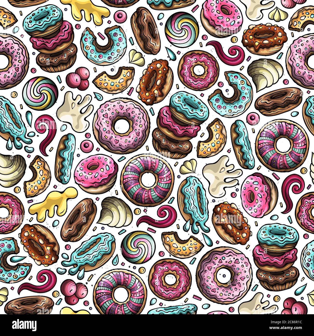 Cartoon hand-drawn donuts seamless pattern. Perfect funny vector ...