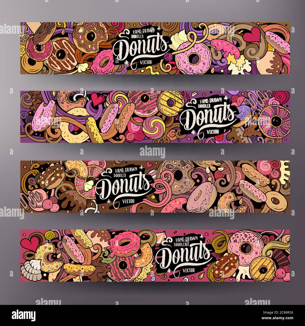 Cartoon cute colorful vector hand drawn doodles Donuts banners design ...