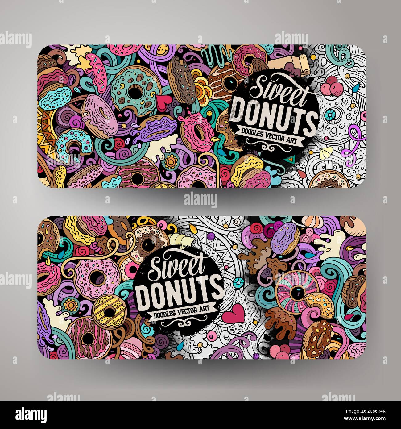 Cartoon cute colorful vector hand drawn doodles Donuts banners Stock ...