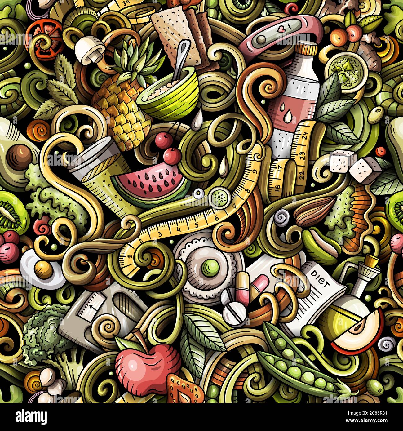 Cartoon cute doodles hand drawn Diet food seamless pattern Stock Vector ...