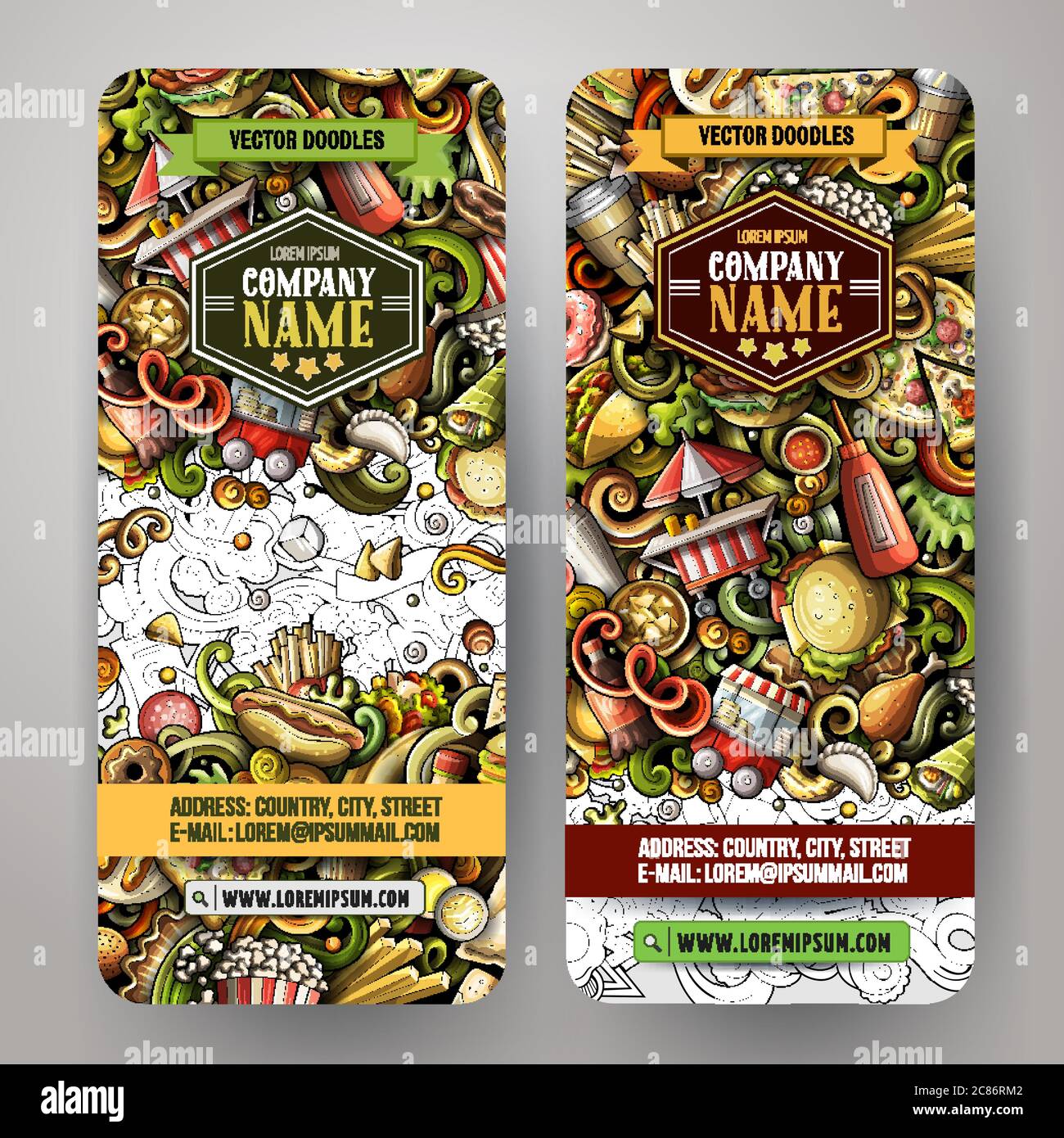 Fast food hand drawn doodle banners set. Cartoon detailed flyers Stock ...