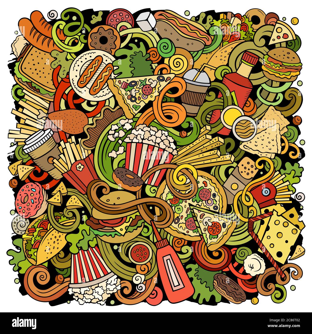 Fastfood hand drawn vector doodles illustration. Fast food poster ...