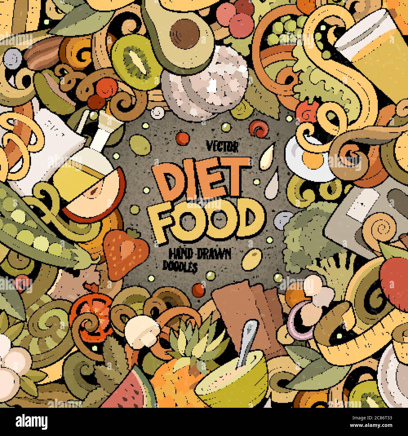 Cartoon vector doodles diet food frame. Bright colors dietary funny ...