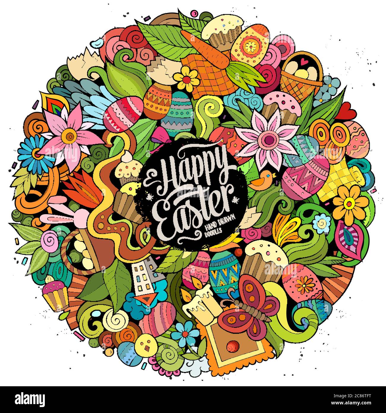 Happy Easter hand drawn vector doodles illustration. Color funny ...