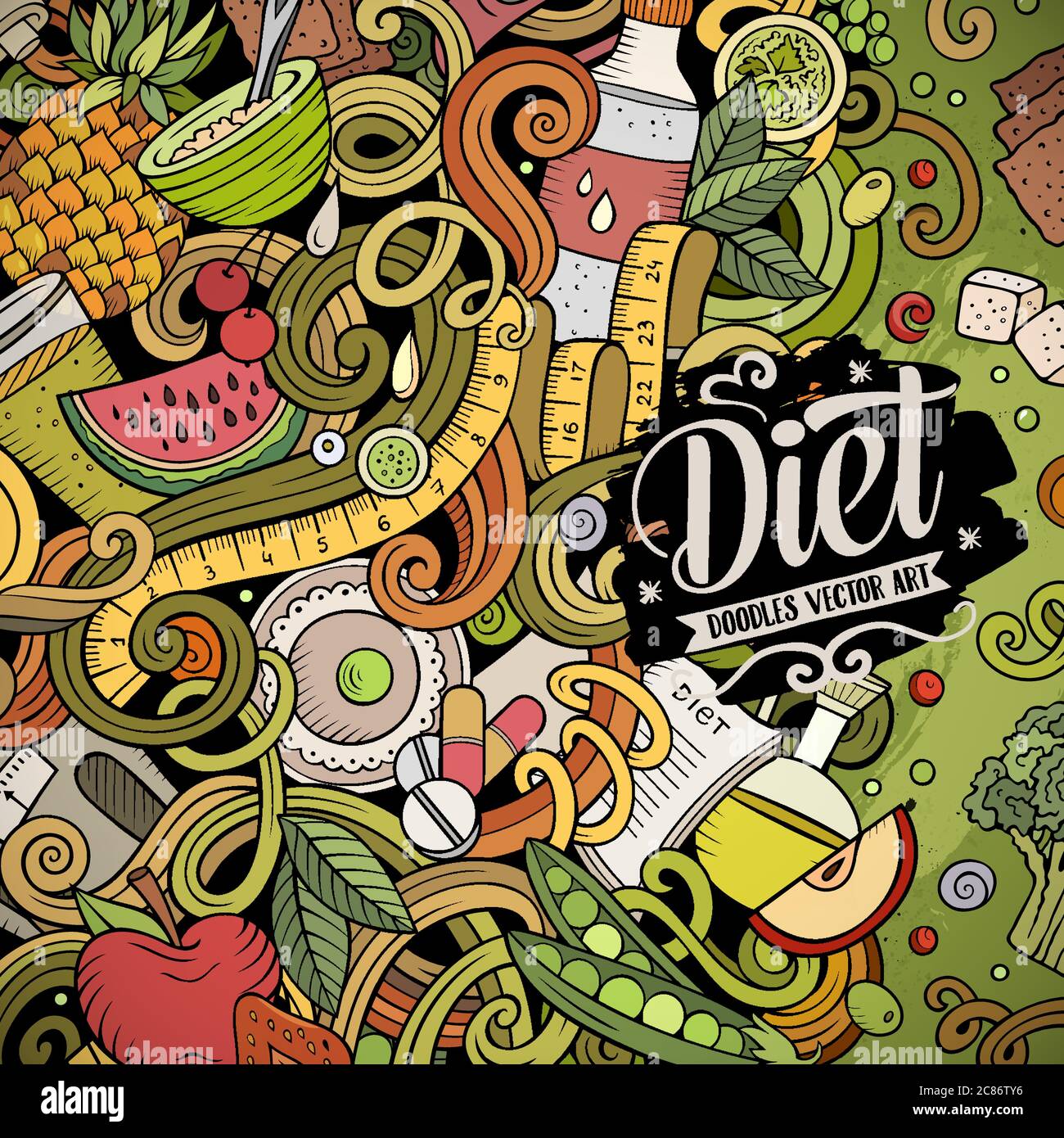 Cartoon vector doodles diet food frame. Bright colors dietary funny ...