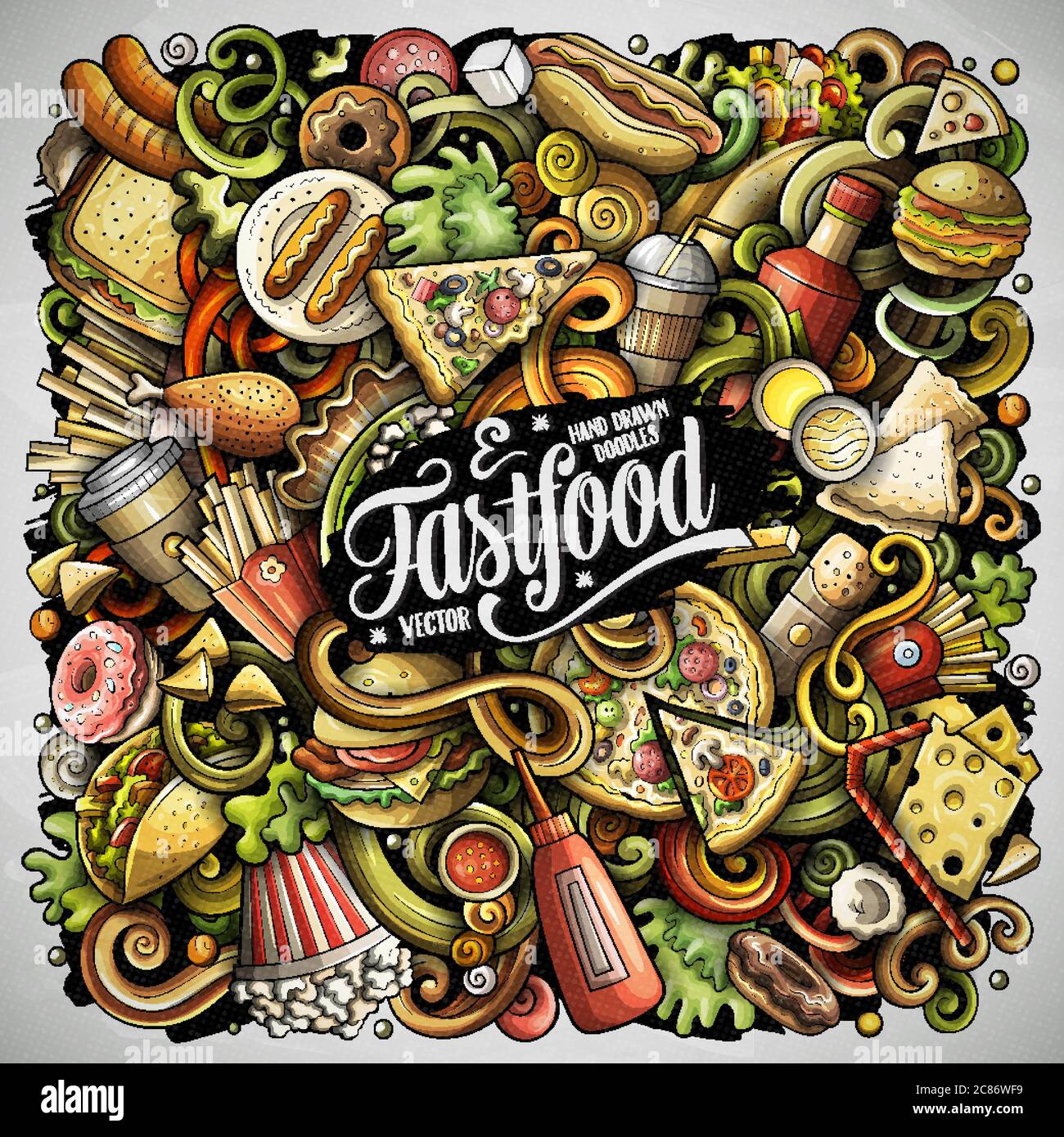 Fastfood hand drawn vector doodles illustration. Fast food poster ...