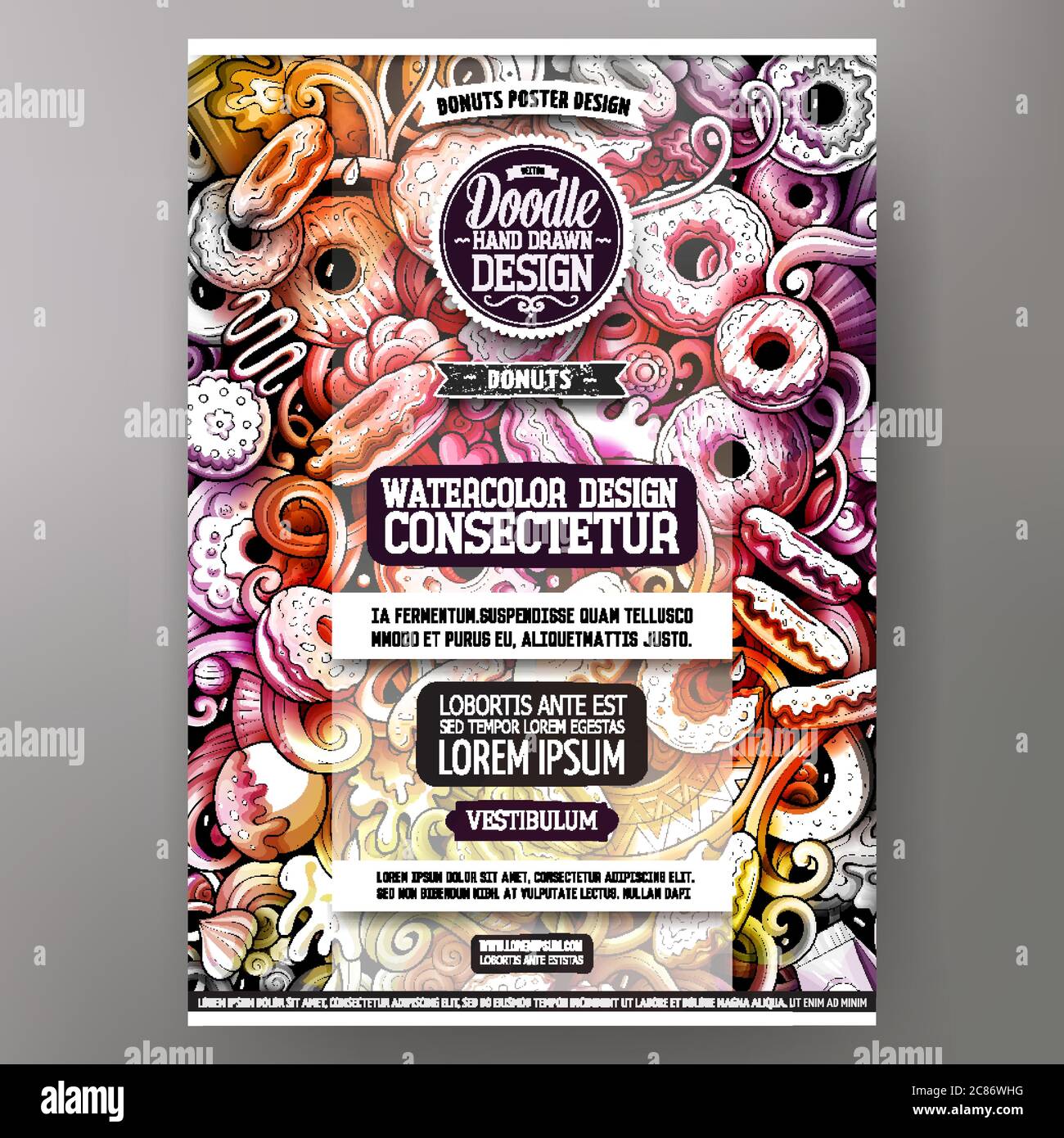 Cartoon watercolor hand drawn doodles Donuts poster design template ...