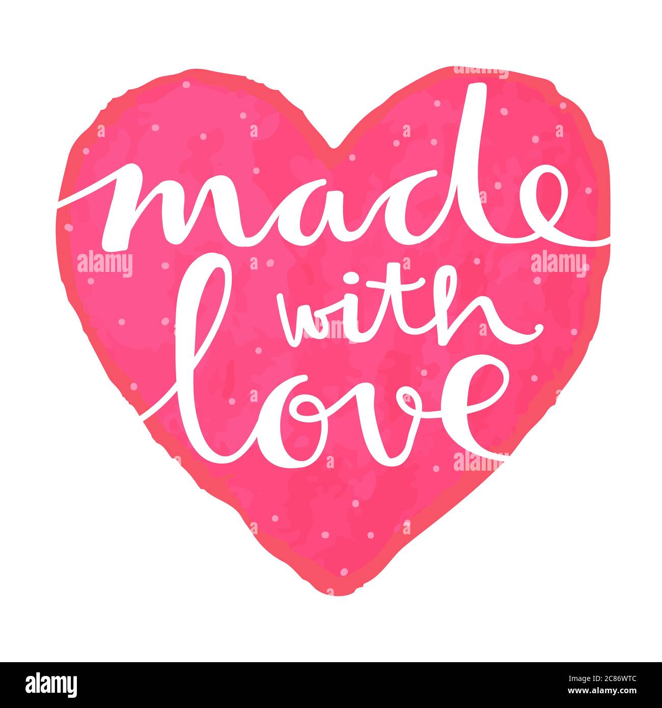 Cute hand lettering of the text "made with love" on a watercolor heart ...