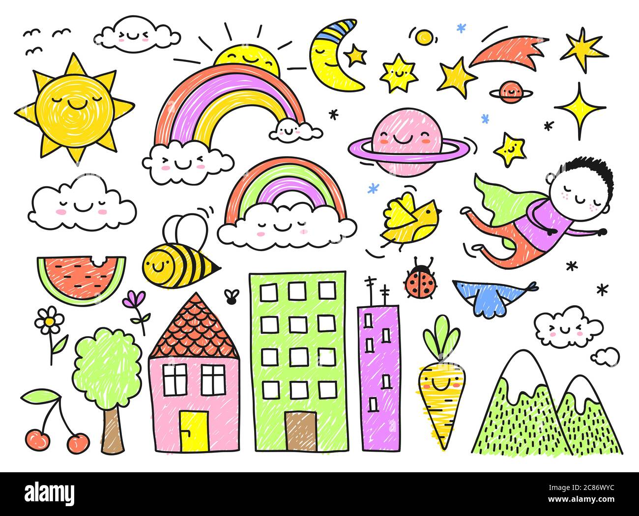 Cute childish drawings of various subjects, colored imperfectly Stock ...
