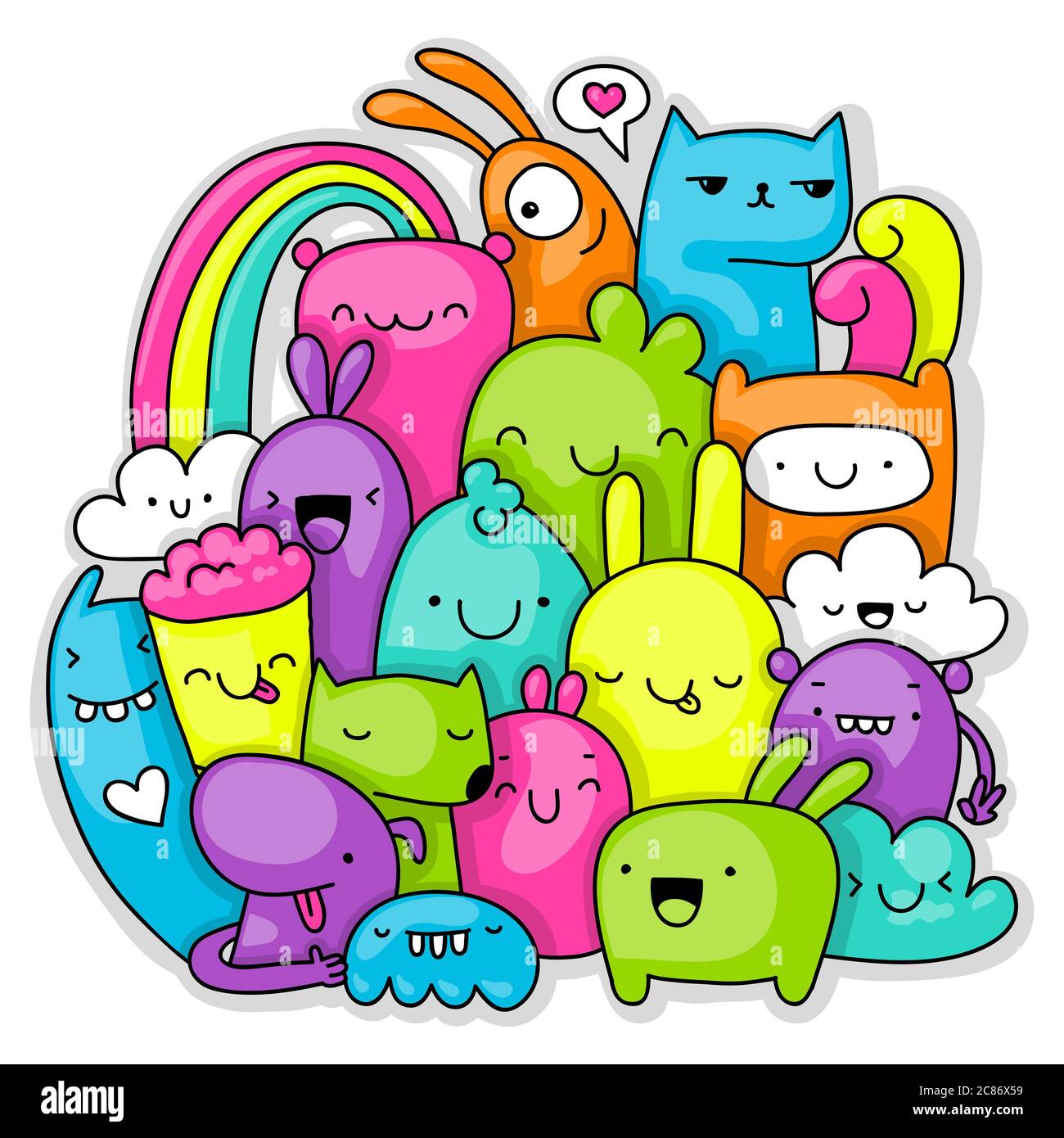 Happy bunch of colorful creatures, vector illustration Stock Photo - Alamy