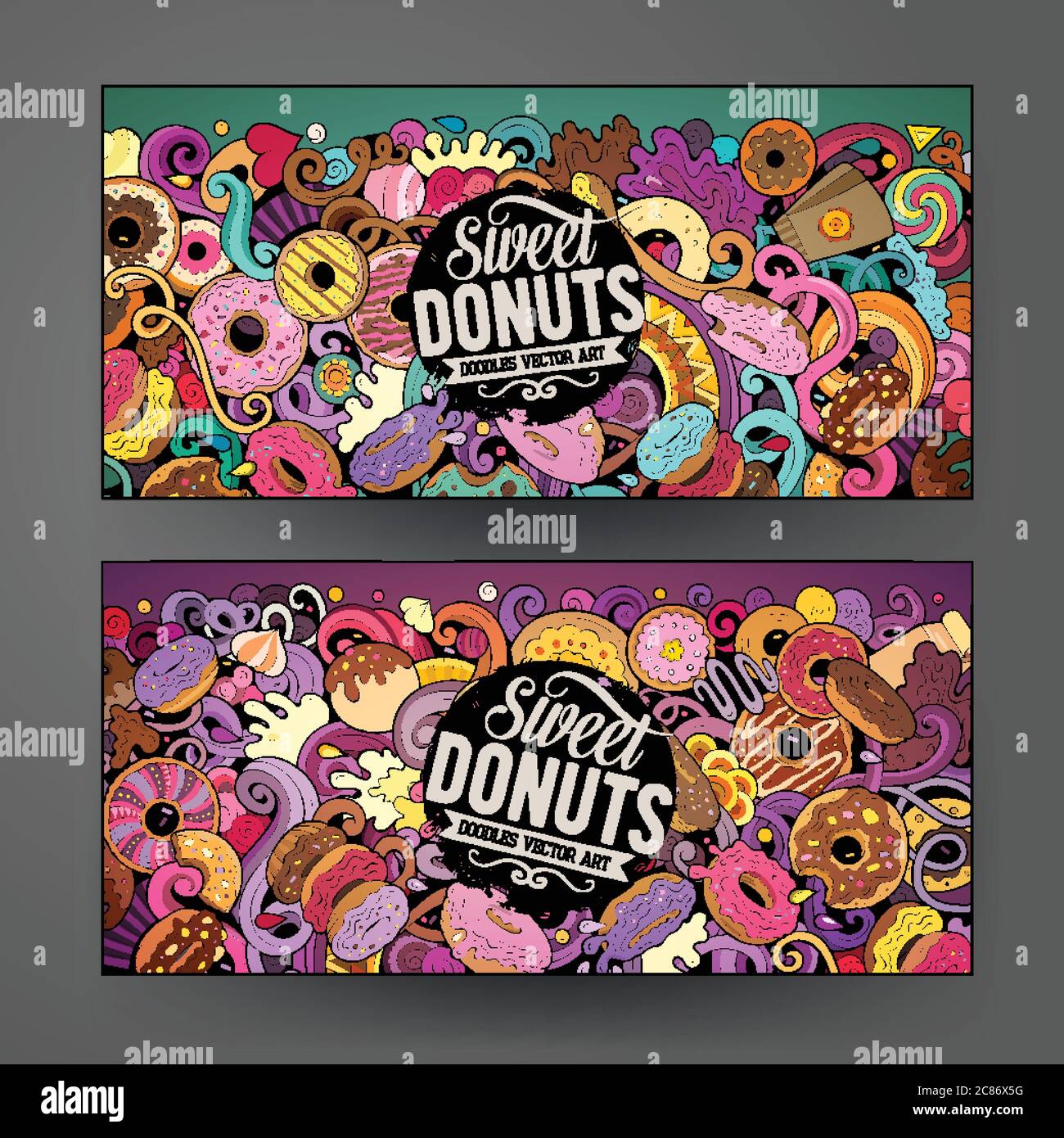 Cartoon cute colorful vector hand drawn doodles Donuts banners design ...