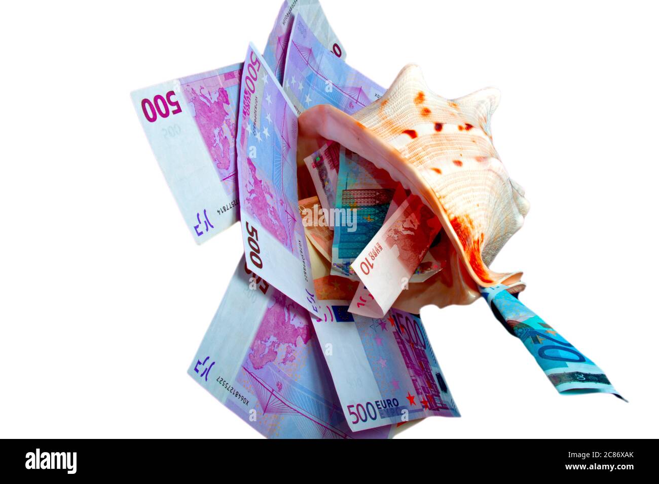 money in large bills in a seashell. white background Stock Photo - Alamy