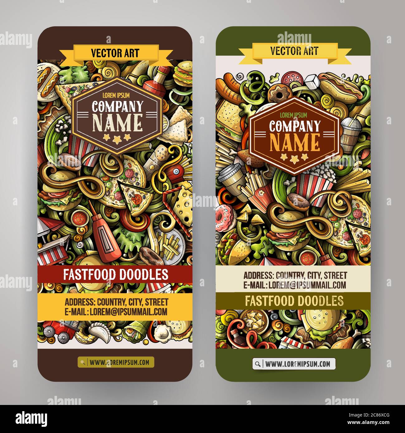 Fast food hand drawn doodle banners set. Cartoon detailed flyers Stock ...