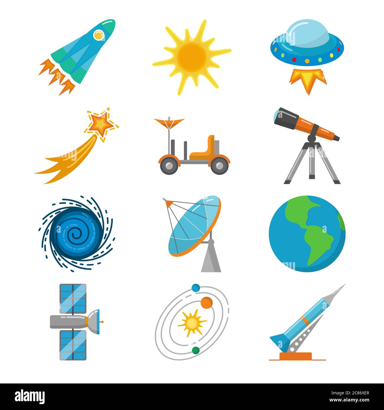 Colorful space icons collection in flat style. Spaceship, sun, UFO ...