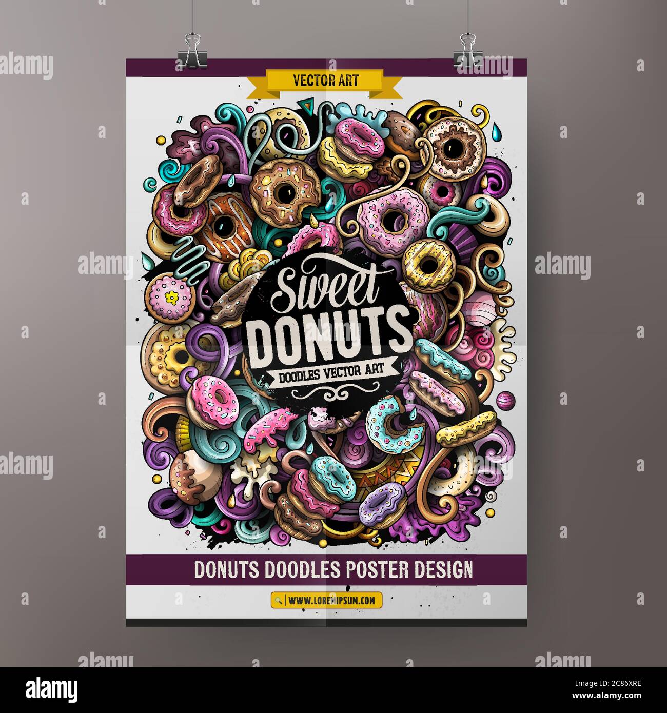 Donuts doodles poster design. Confectionery sign board template Stock ...