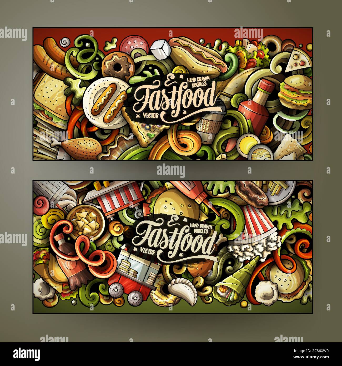 Fast food hand drawn doodle banners set. Cartoon detailed flyers Stock ...