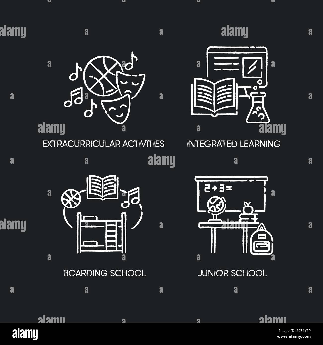 Primary education chalk white icons set on black background. Junior ...